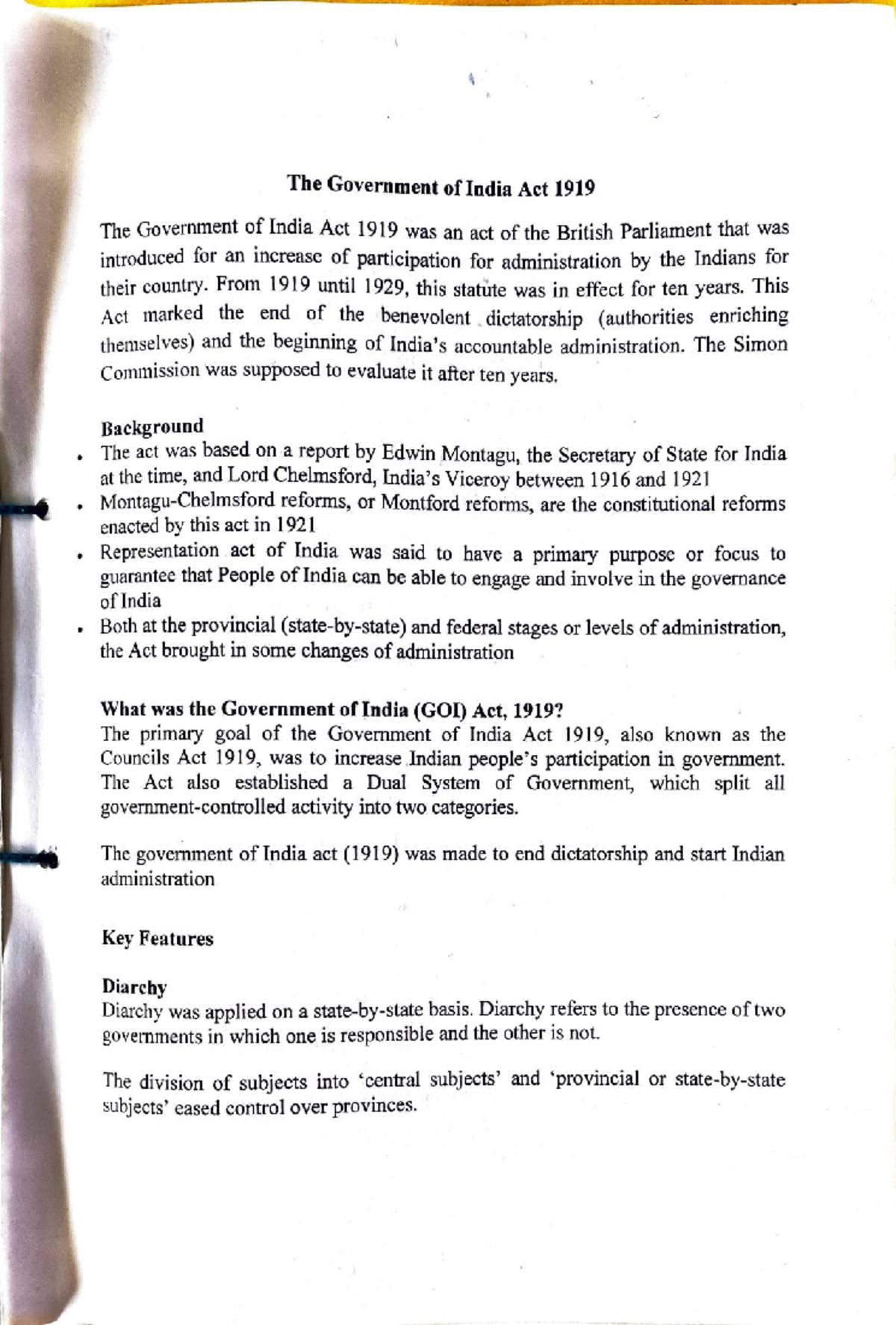 Notes on the Government of India Act 1919 (GOI Act) - Studocu