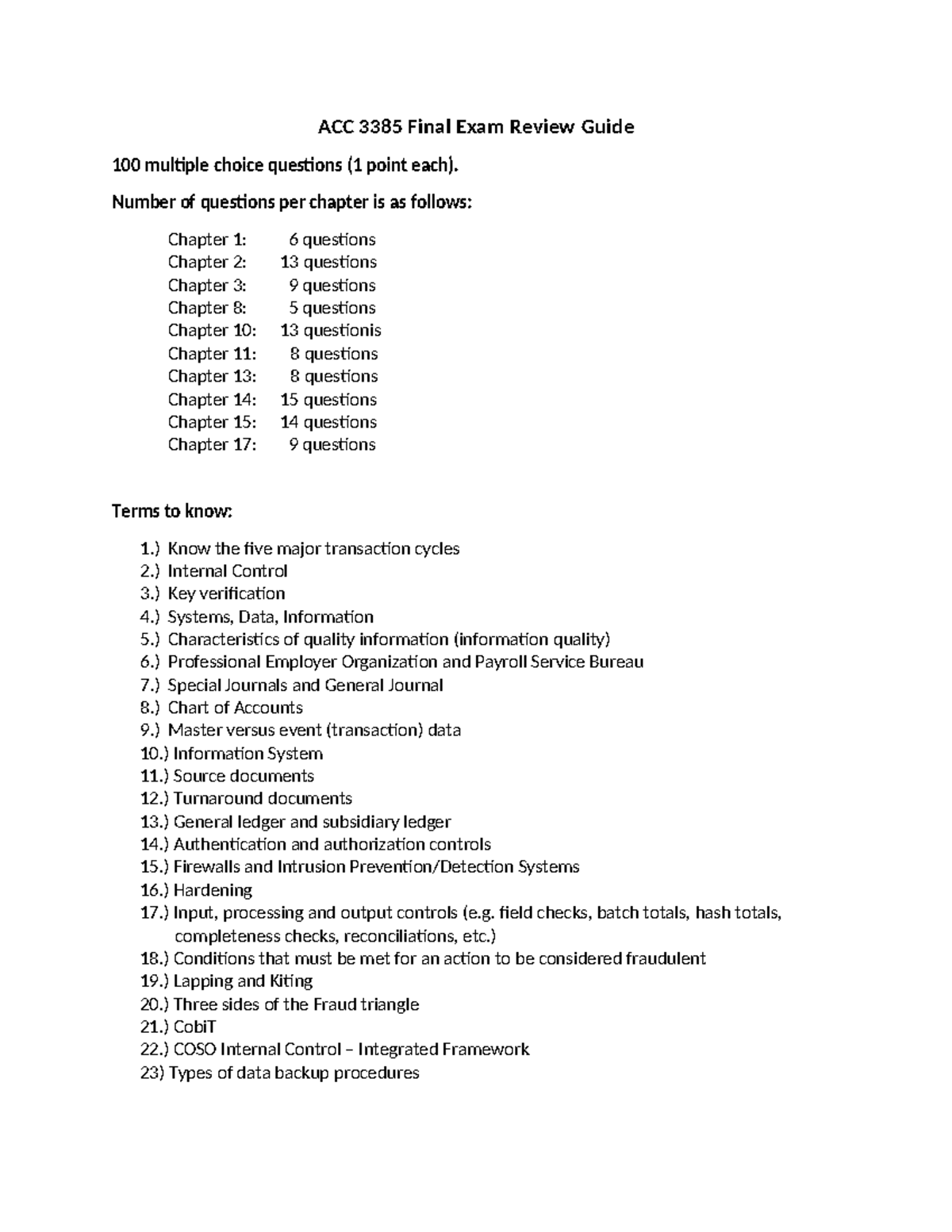 Spring 2024 Final Exam Review Sheet - ACC 3385 Final Exam Review Guide 100 multiple choice ...