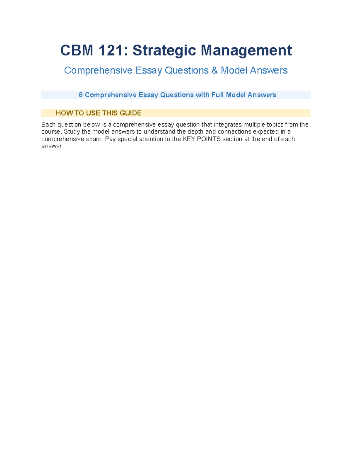 CBM 121: Strategic Management Comprehensive Essay Questions & Model ...