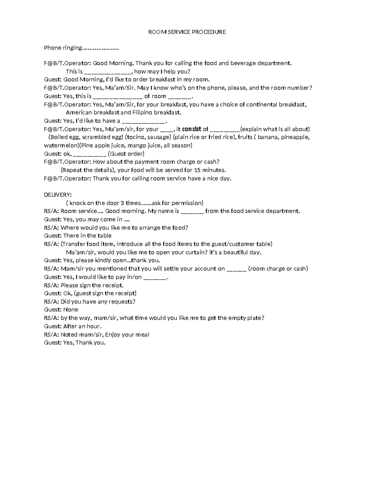 ROOM SERVICE PROCEDURE: Step-by-Step Guide for Staff - Studocu