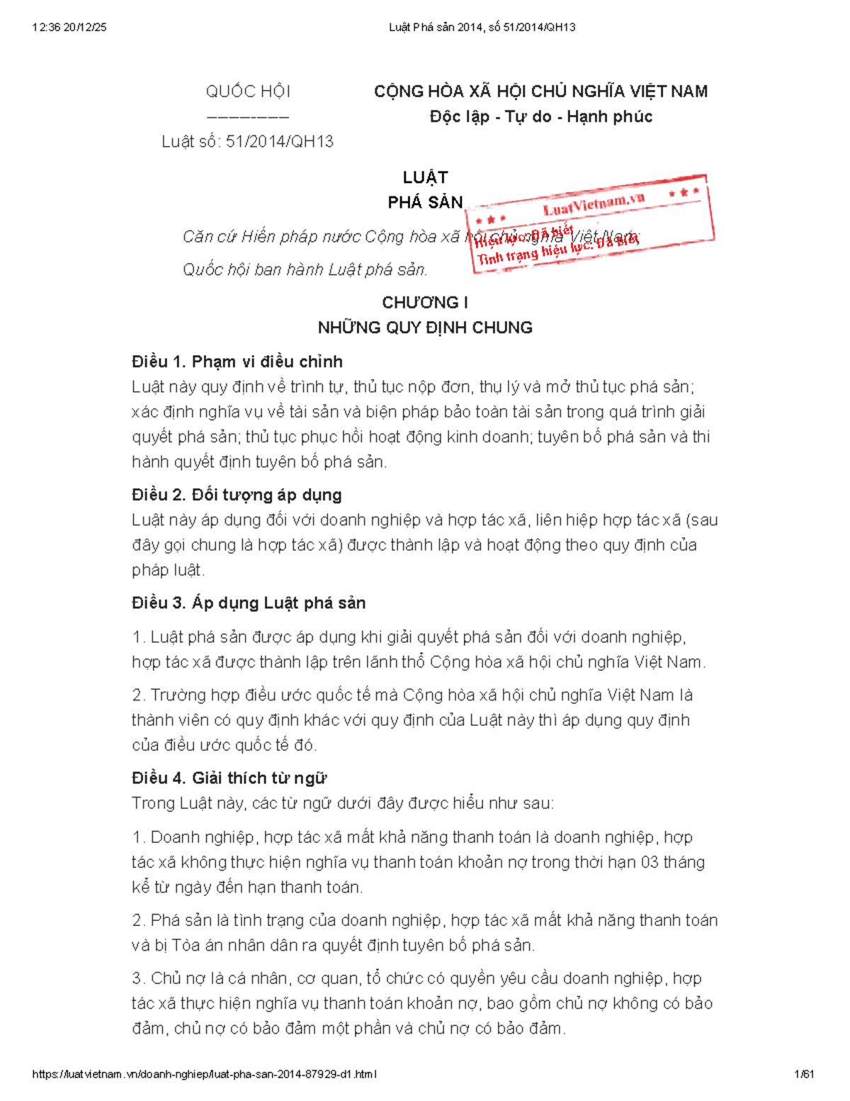 Luật Phá sản 2014, số 51/2014/QH13 - Quy định và Thủ tục - Studocu