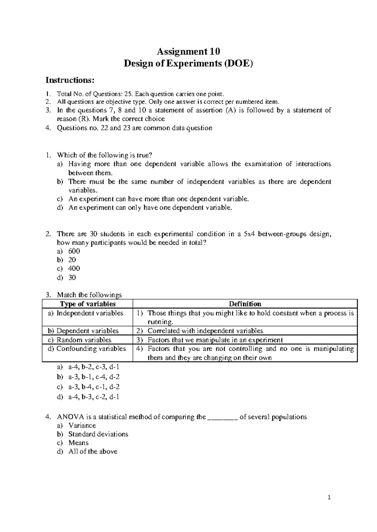 Assignment 10: Design of Experiments (DOE) Overview and Questions - Studocu