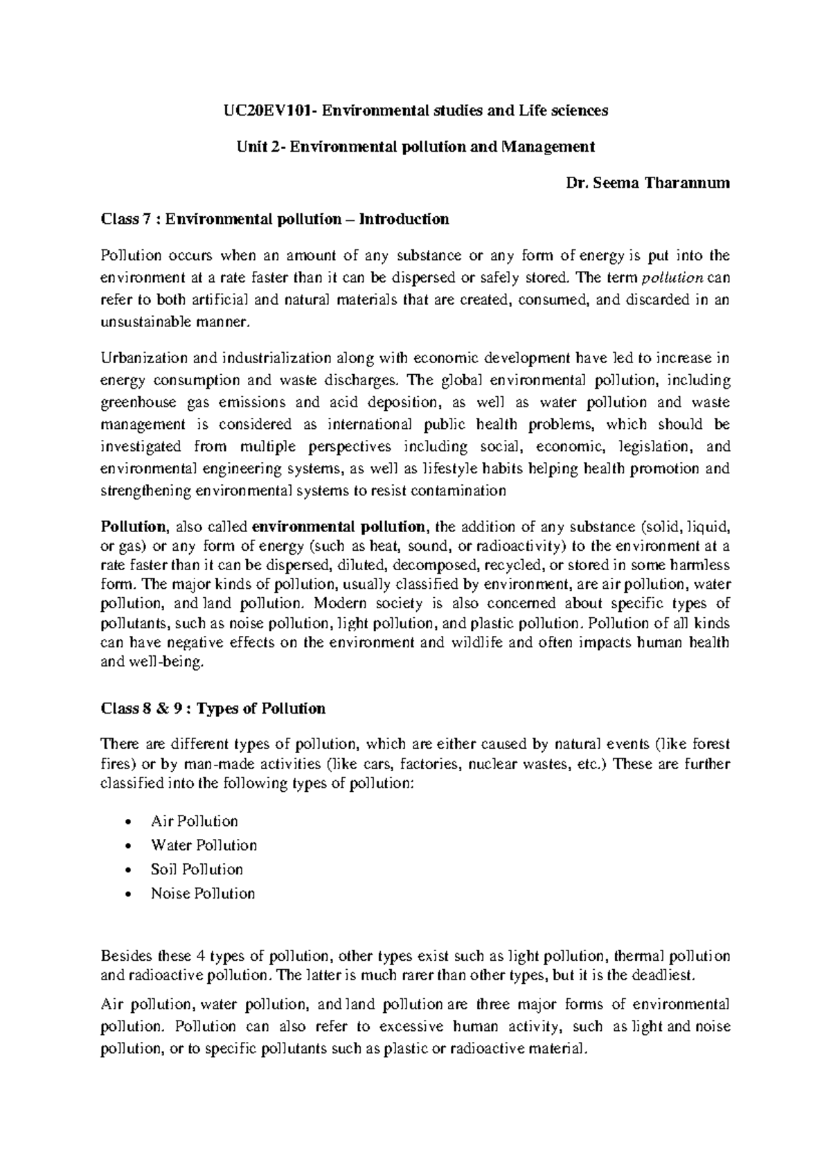 UC20EV101 - Environmental Studies: Unit 2 - Pollution & Management ...