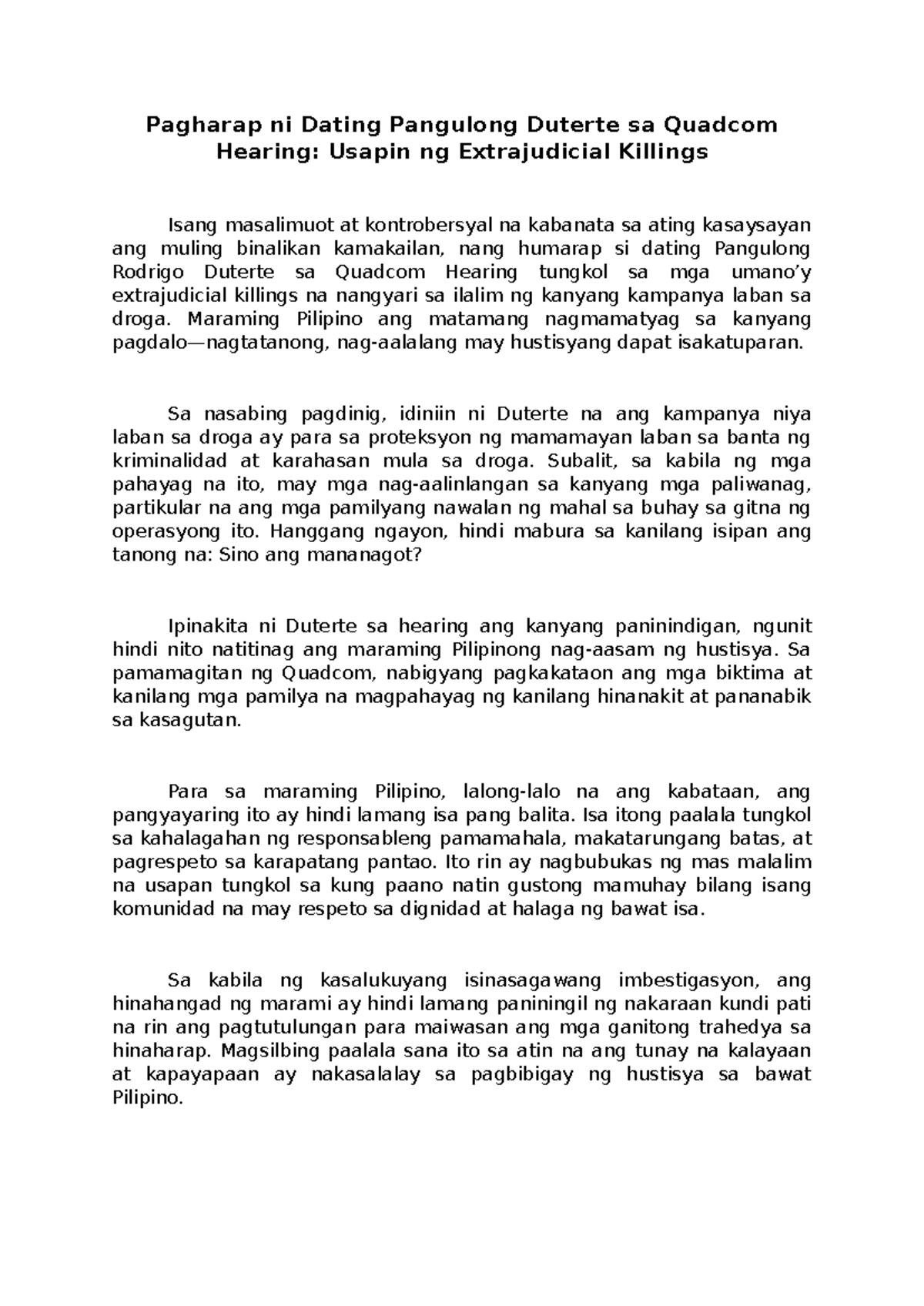 Column Writing Filipino: Mga Isyu sa Extrajudicial Killings at Bagyong ...