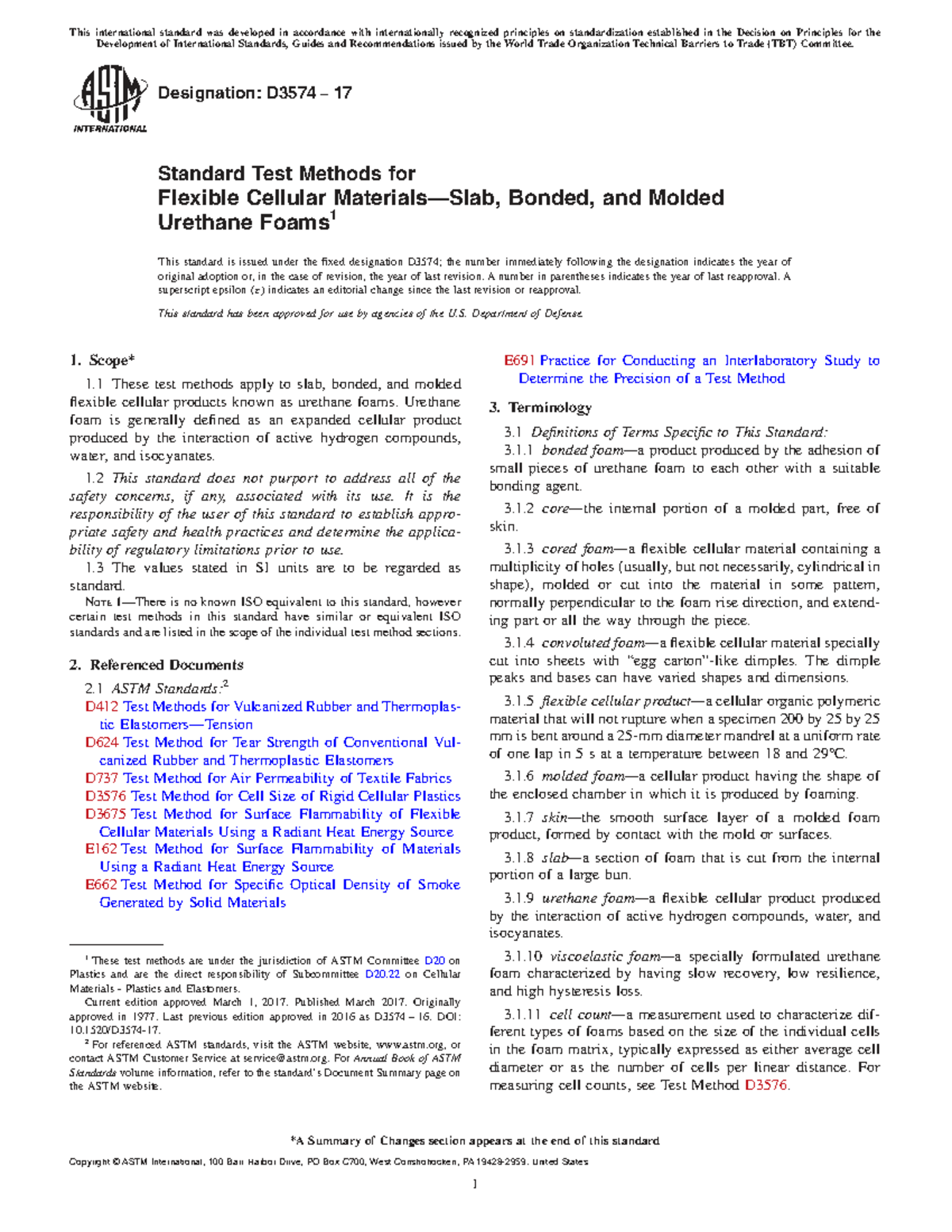 ASTM D3574-17 Standard Test Methods for Flexible Urethane Foams - Studocu