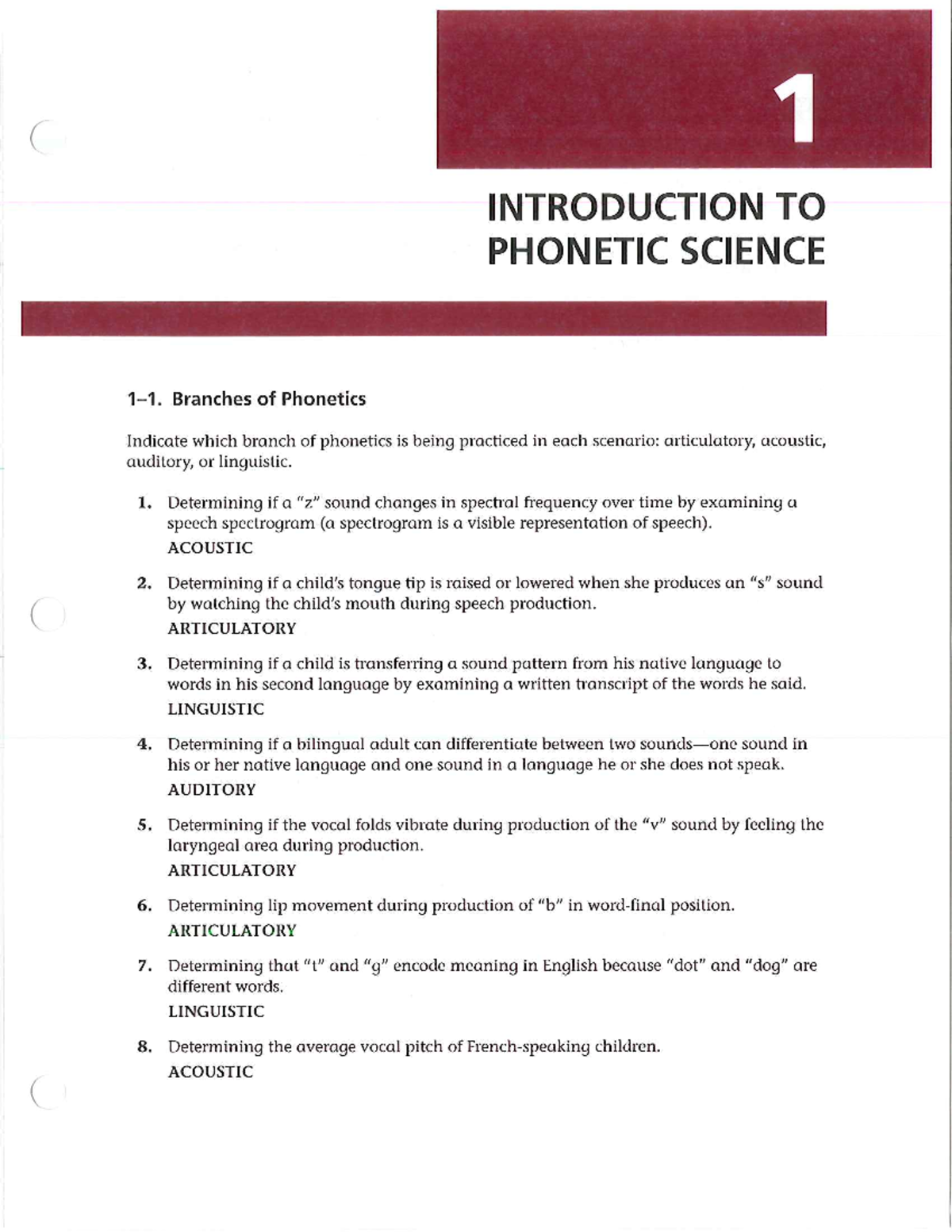 Chap 1 Homework KEY - 1 INTRODUCTION TO PHONETIC SCIENCE Branches of ...