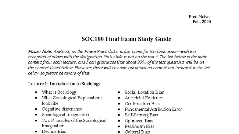 SOC100 Fall 2025 Final Exam Study Guide: Key Concepts & Topics - Studocu