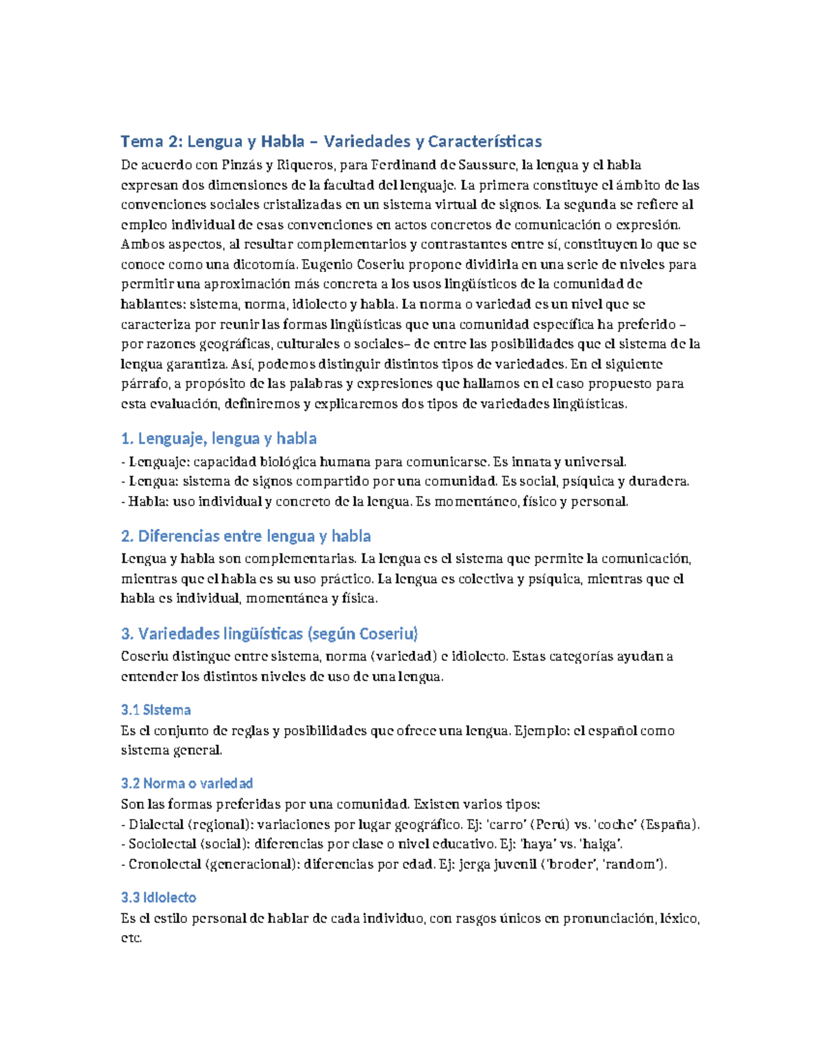 Tema 2: Lengua y Habla - Resumen de Variedades y Características - Studocu