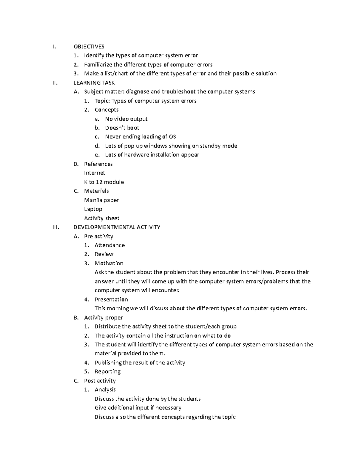 Computer System Errors 4RTH Grading - I. OBJECTIVES Identify the types of computer system error ...