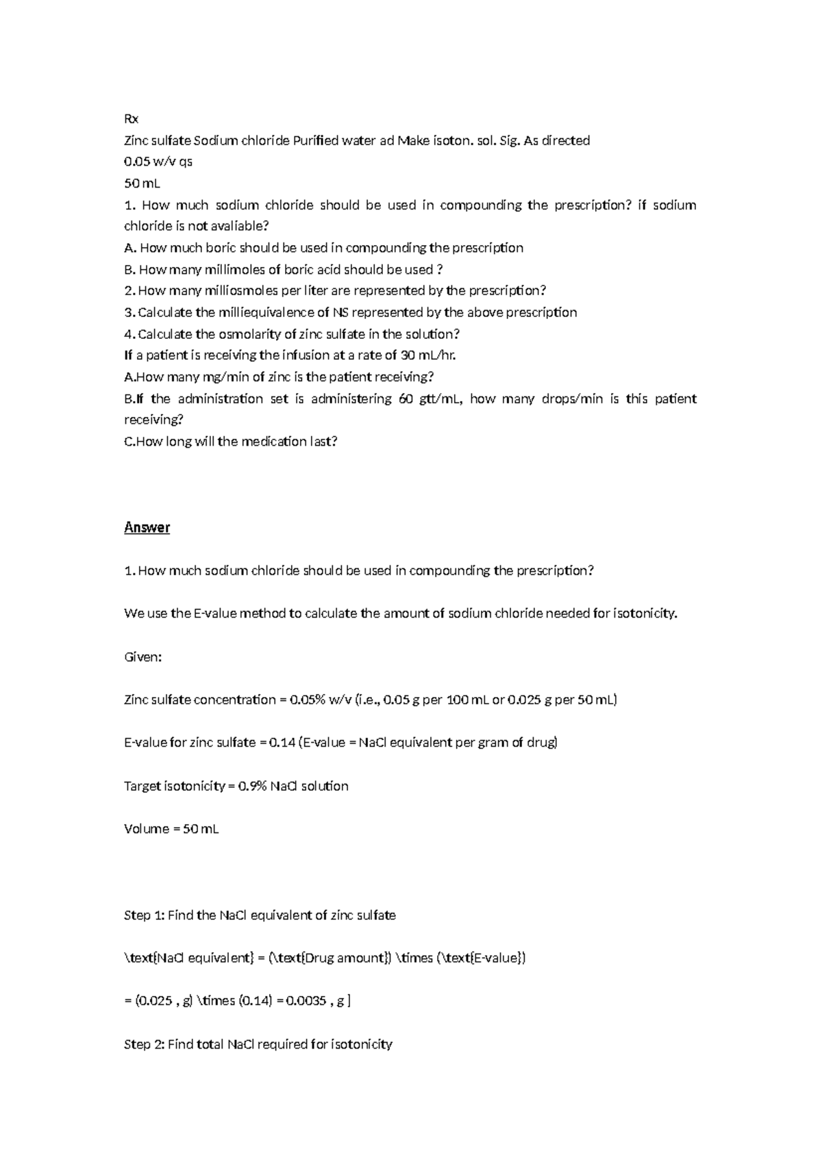 Assignment PC - Rx Zinc sulfate Sodium chloride Purified water ad Make ...