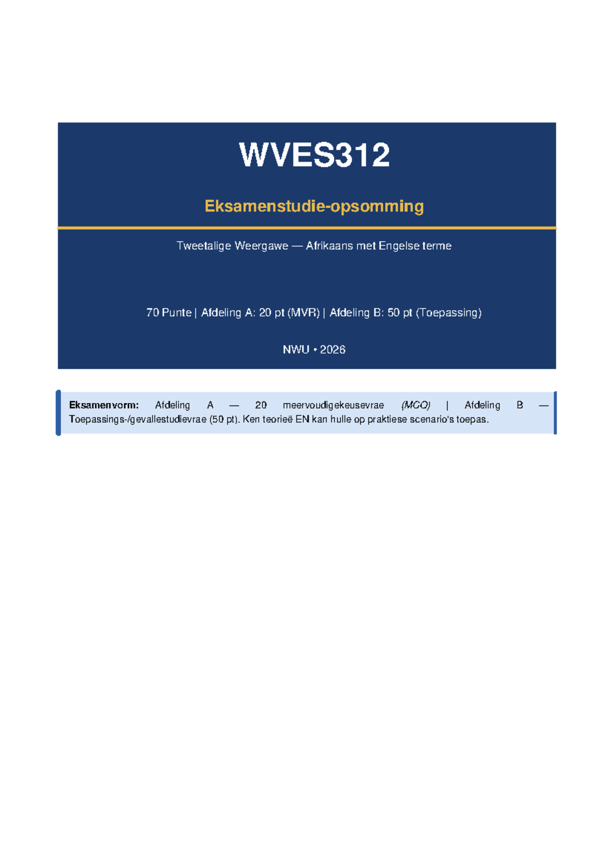 WVES312 Eksamenvorm: Bilingual Afrikaans-English Study Guide - Studocu