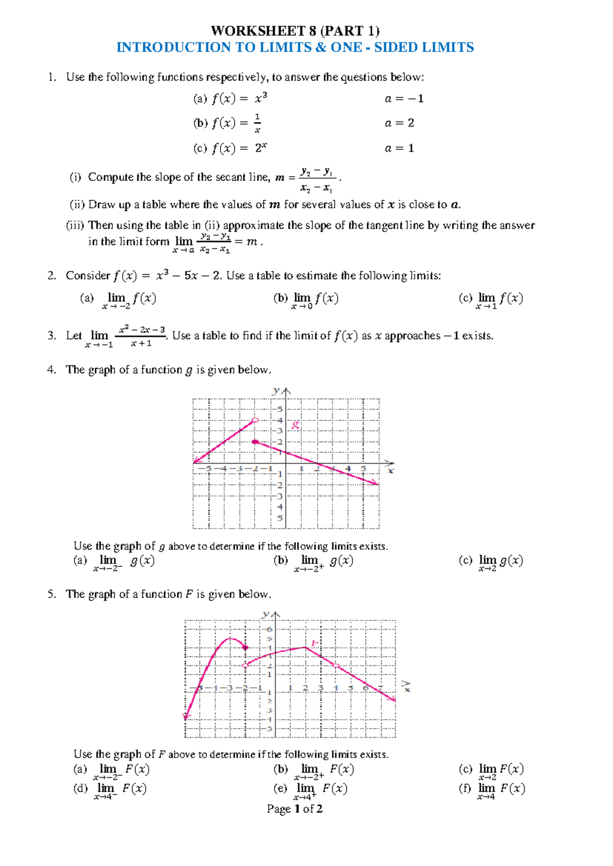 Worksheet 8.1 - Intro to Limits: One-Sided Limits Analysis - Studocu