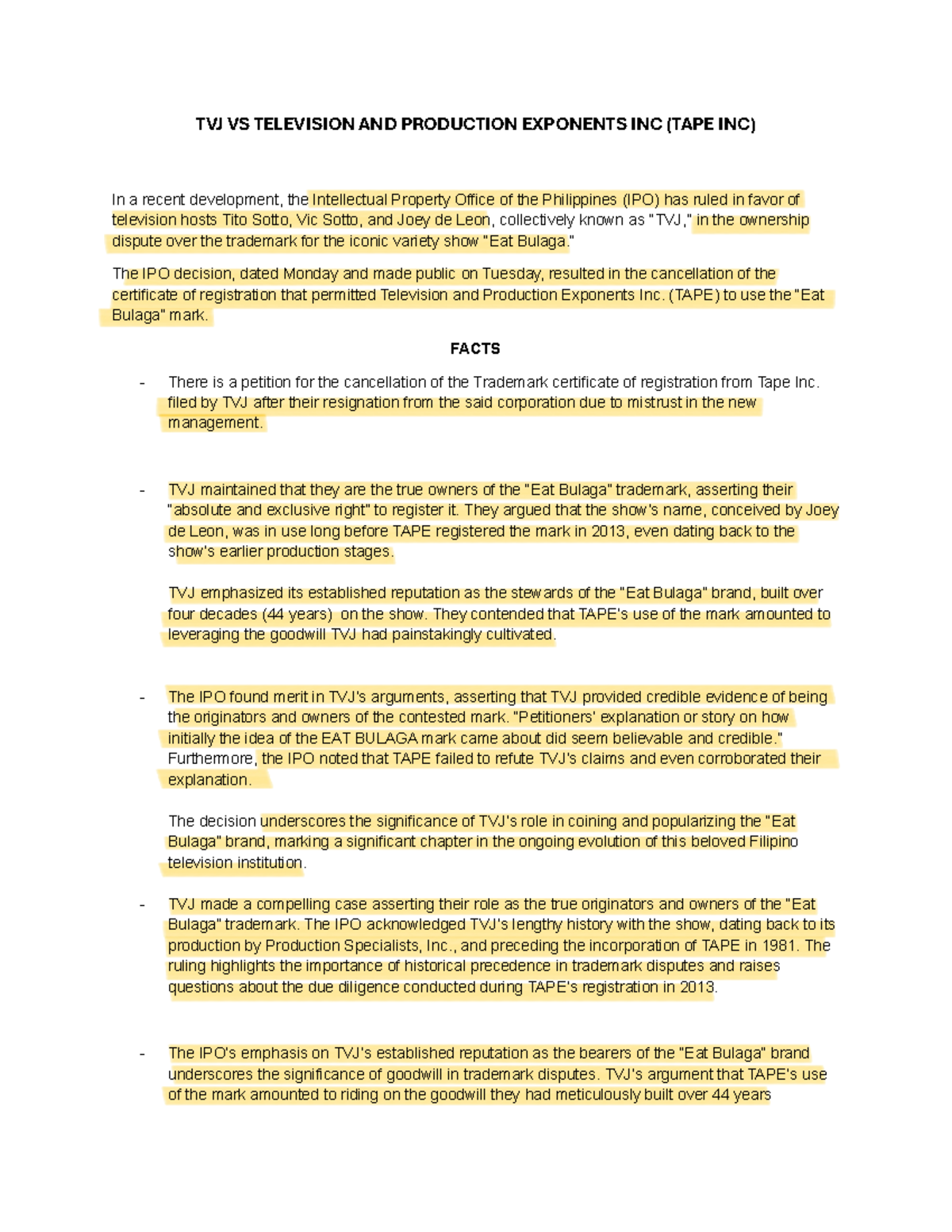 CASE Digest: TVJ vs TAPE Inc. - Trademark Ownership Dispute - Studocu
