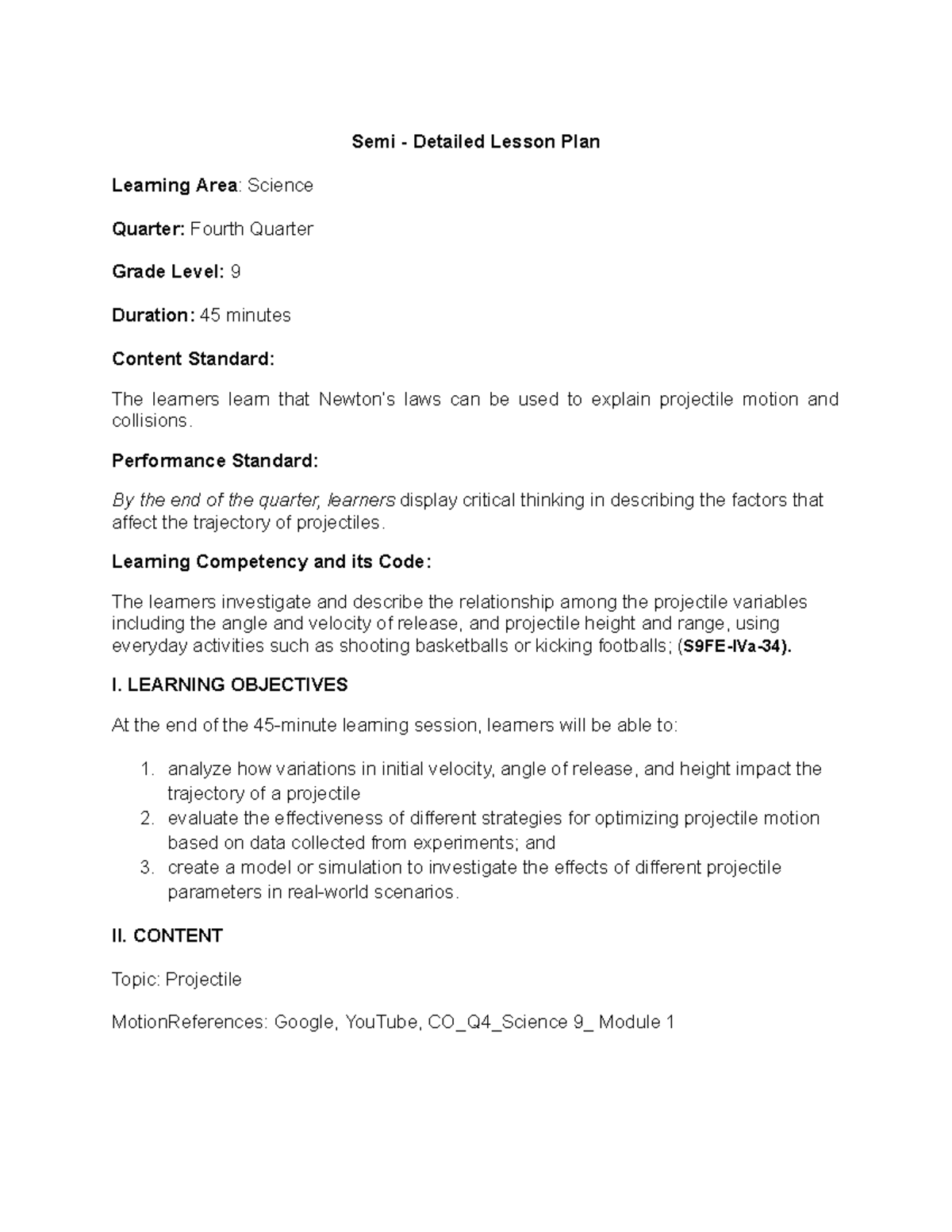 Semi-Detailed Lesson Plan: Understanding Projectile Motion (S9FE-IVa-34 ...