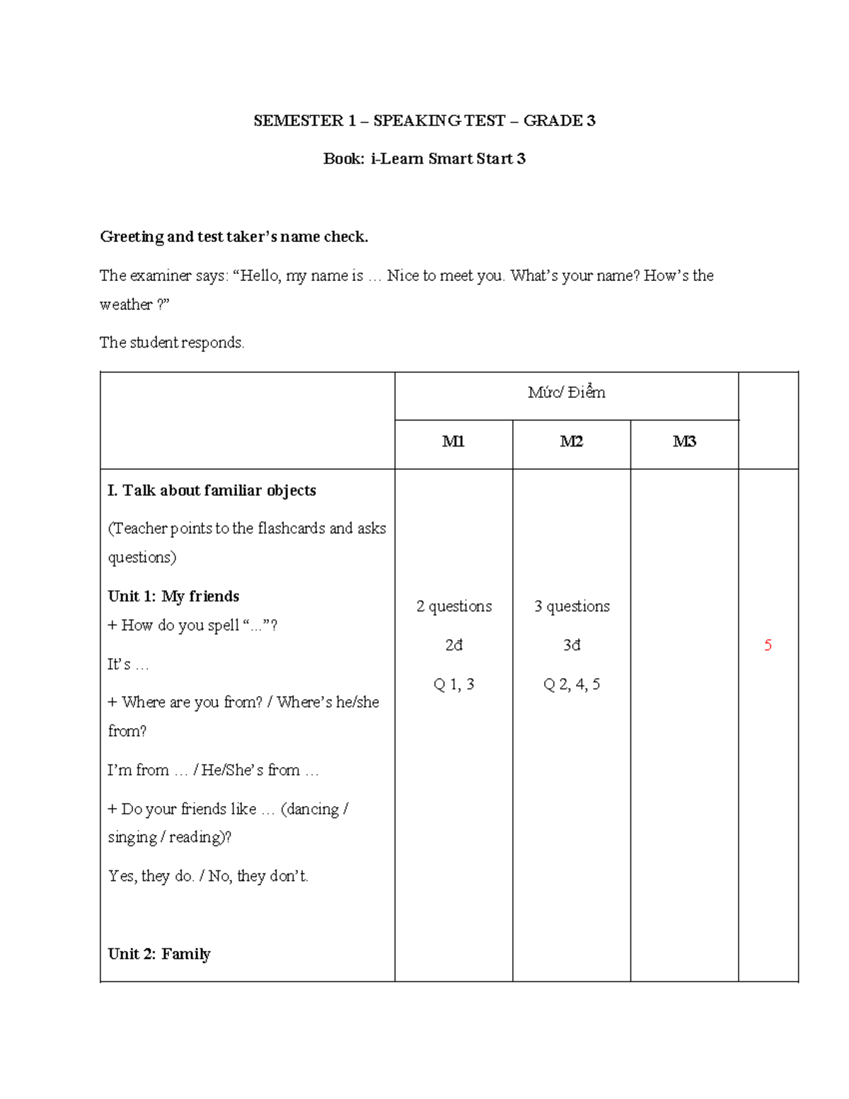 Đề KT HK1 Tiếng Anh 3: Speaking Test Smart Start 3 - Studocu
