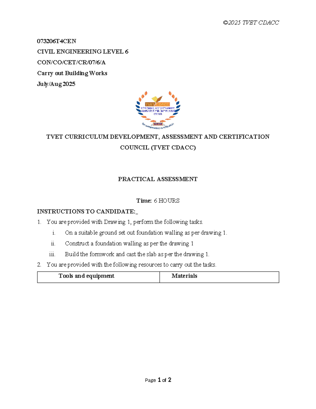 TVET CDACC 073206T4CEN Civil Engineering Level 6 Practical Assessment ...