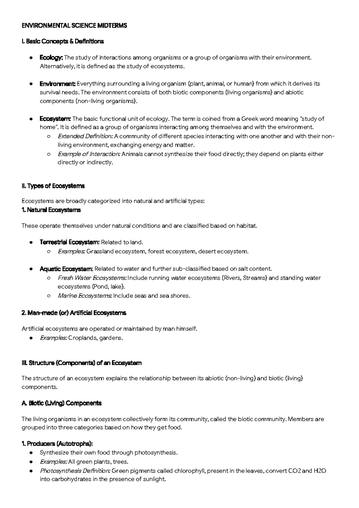 ENVIRONMENTAL SCIENCE MIDTERMS I: Ecosystems Overview and Concepts ...