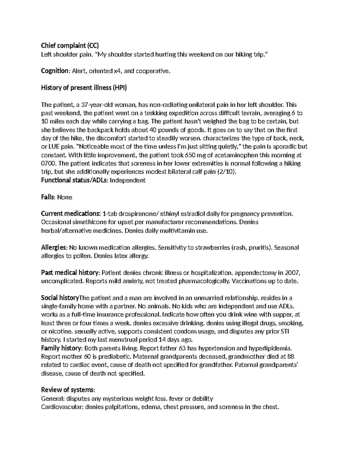 SOAP Note: Left Shoulder Pain Assessment - Sample Document - Studocu