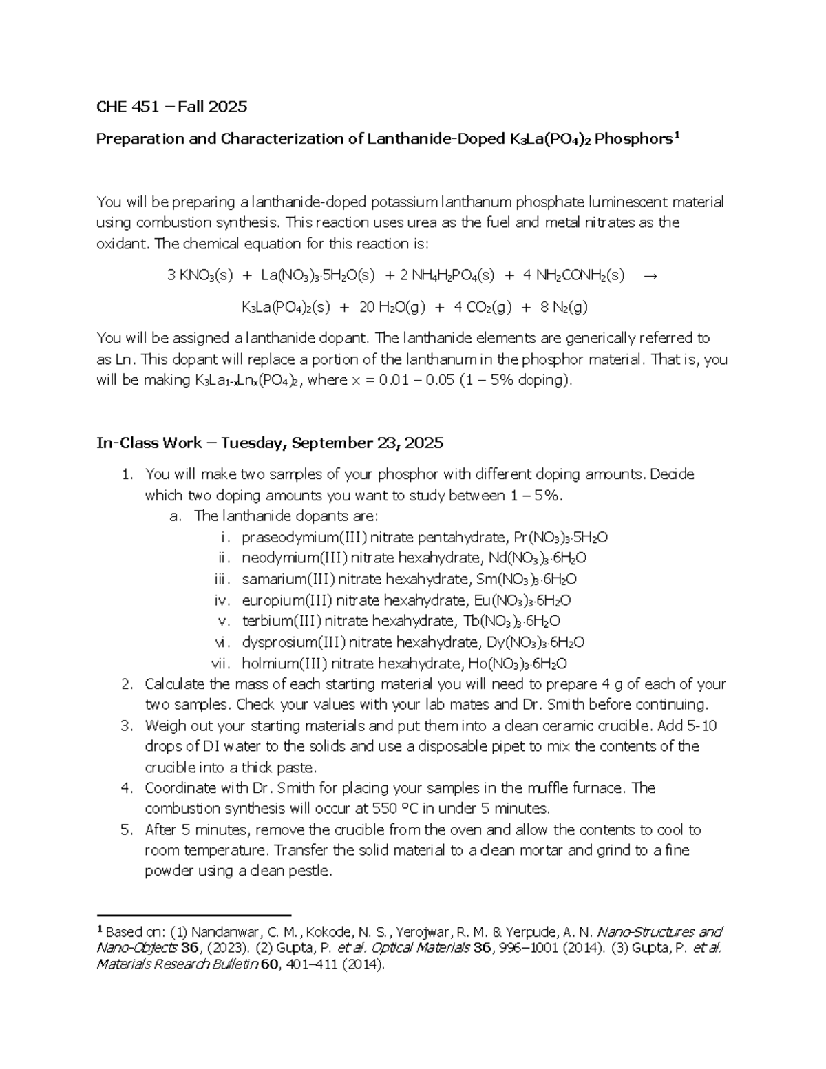 CHE 451 Fall 2025 Combustion Synthesis of K3La(PO4)2 Phosphors - Studocu