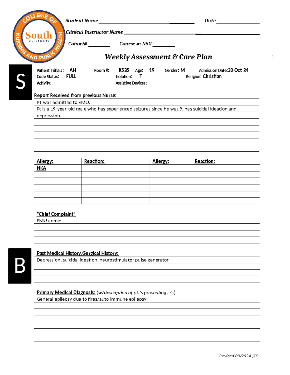 Mersurg 3CARE PLAN 3 - care plan - Clinical Instructor Name Cohort ...