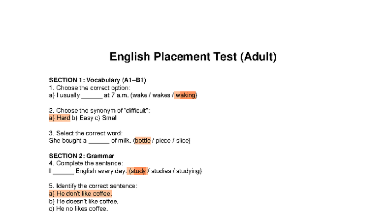 English Placement Test (Adult) - Vocabulary, Grammar, Reading ...