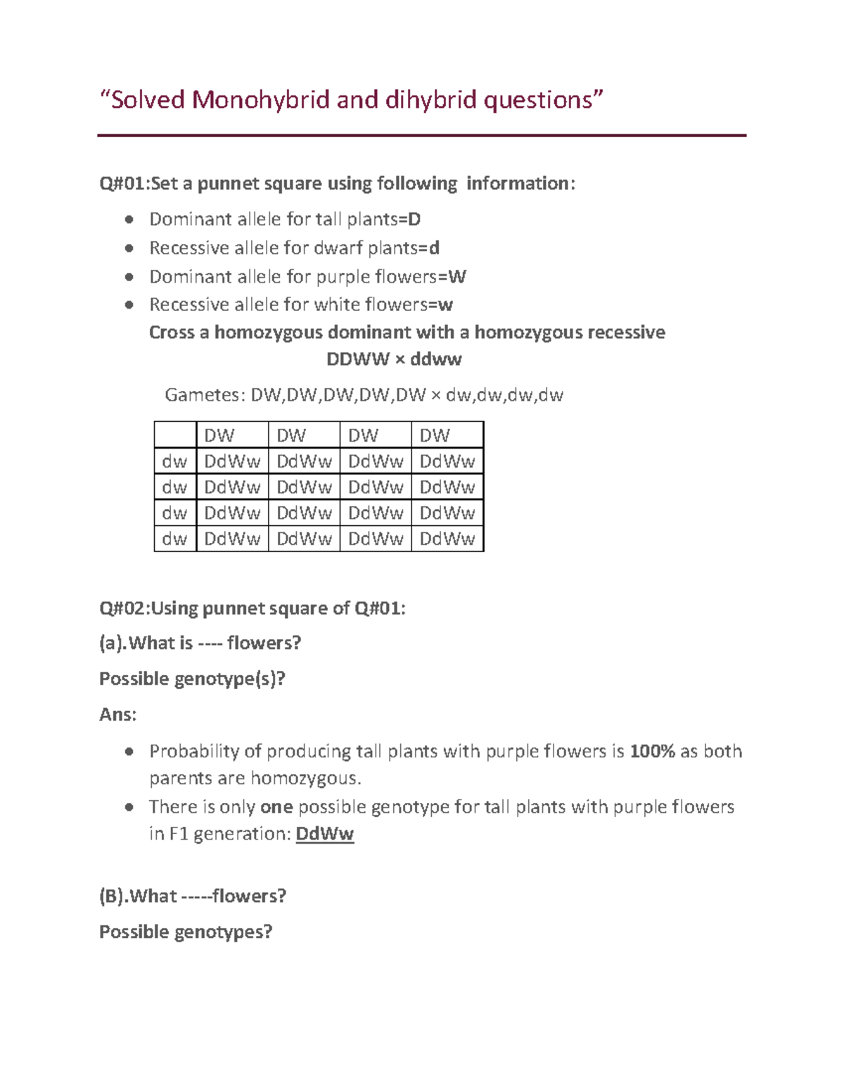 Dihybrid and Monohybrid Genetics Q&A (Course Code: BIO101) - Studocu