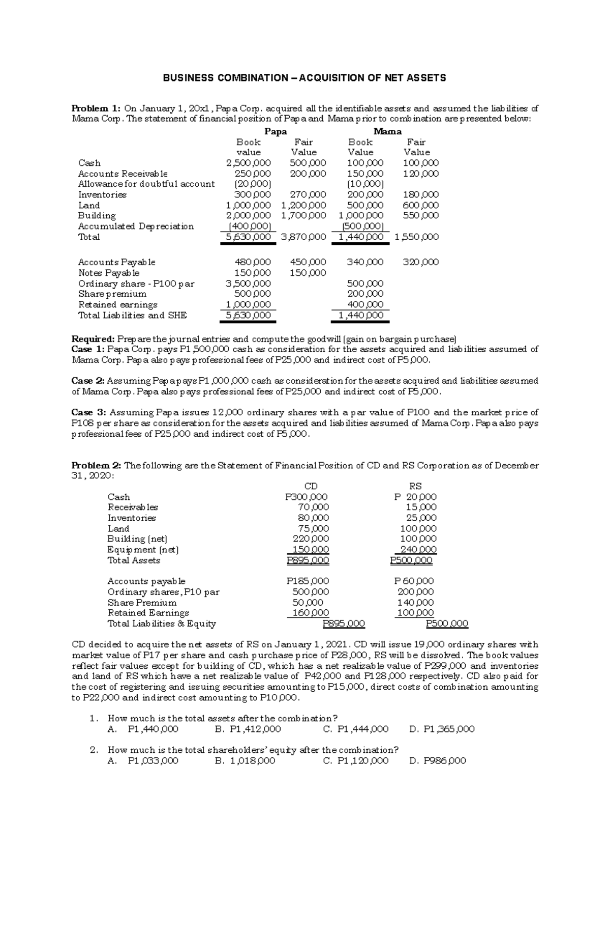 Acquisition of Net Assets in Business Combinations: Analysis & Examples - Studocu