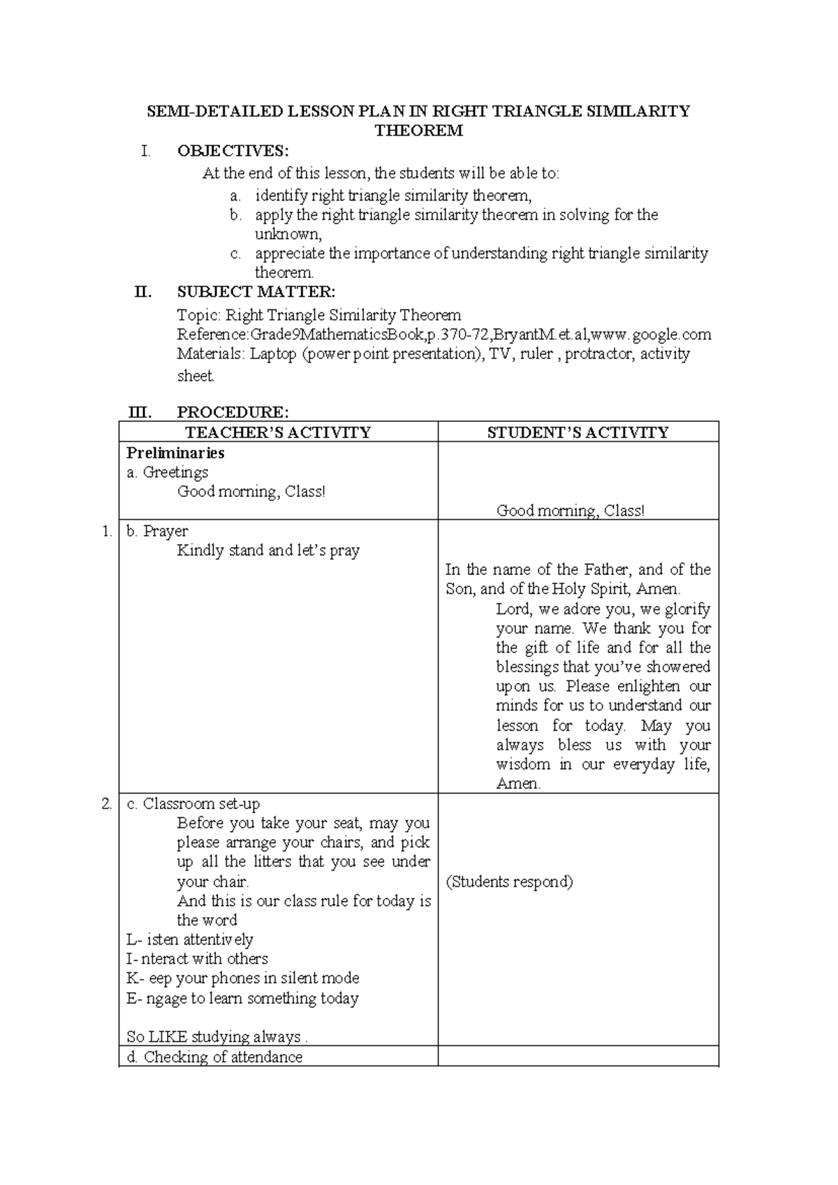 SEMI-DETAILED LESSON PLAN: RIGHT TRIANGLE SIMILARITY (MATH 9) - Studocu