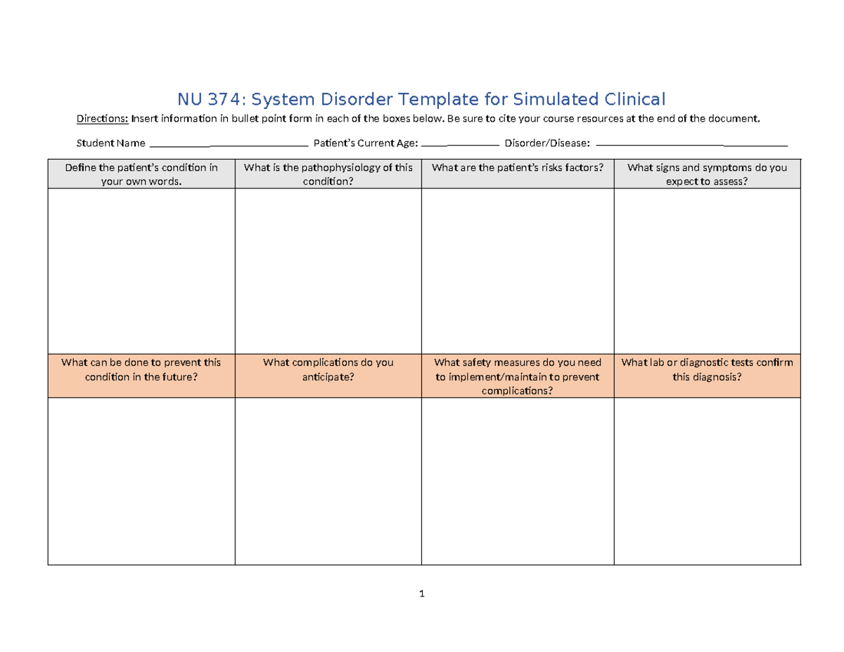 NU 374: System Disorder Template for Clinical Simulations - Studocu