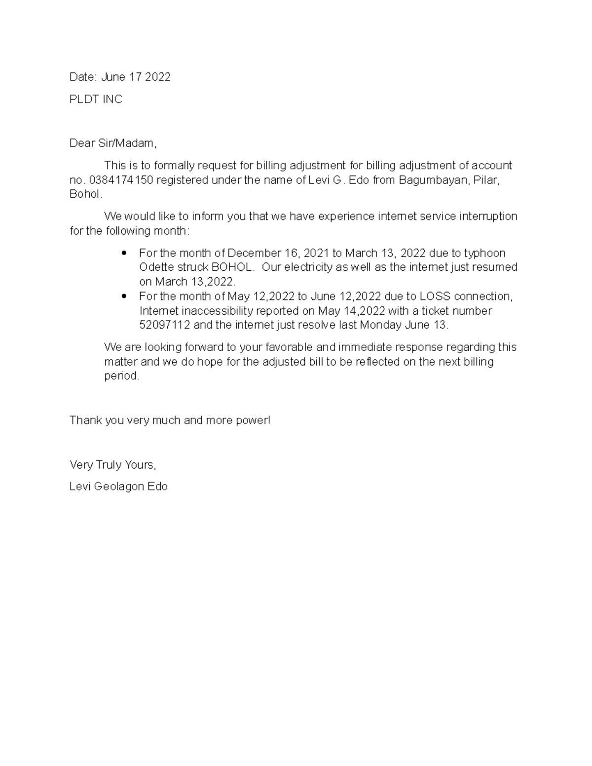 PLDT Billing Adjustment Request for Account #0384174150 - Studocu