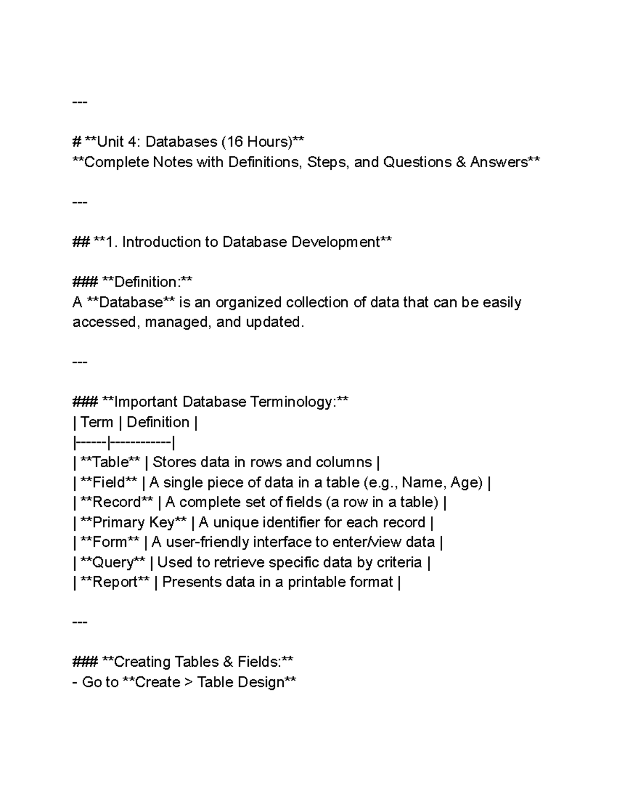 Unit 4: Databases - Key Concepts, Definitions, and Query Techniques - Studocu