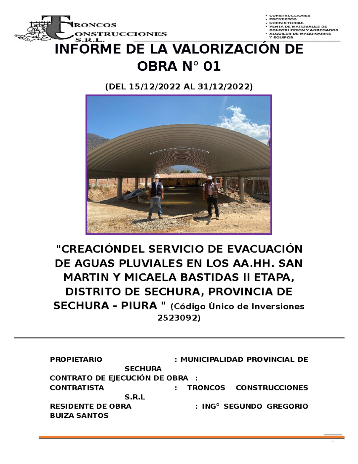 Informe N°013-2022. Valorizacion de Obra N°10 - INFORME DE LA VALORIZACIÓN DE OBRA N° 01 (DEL ...