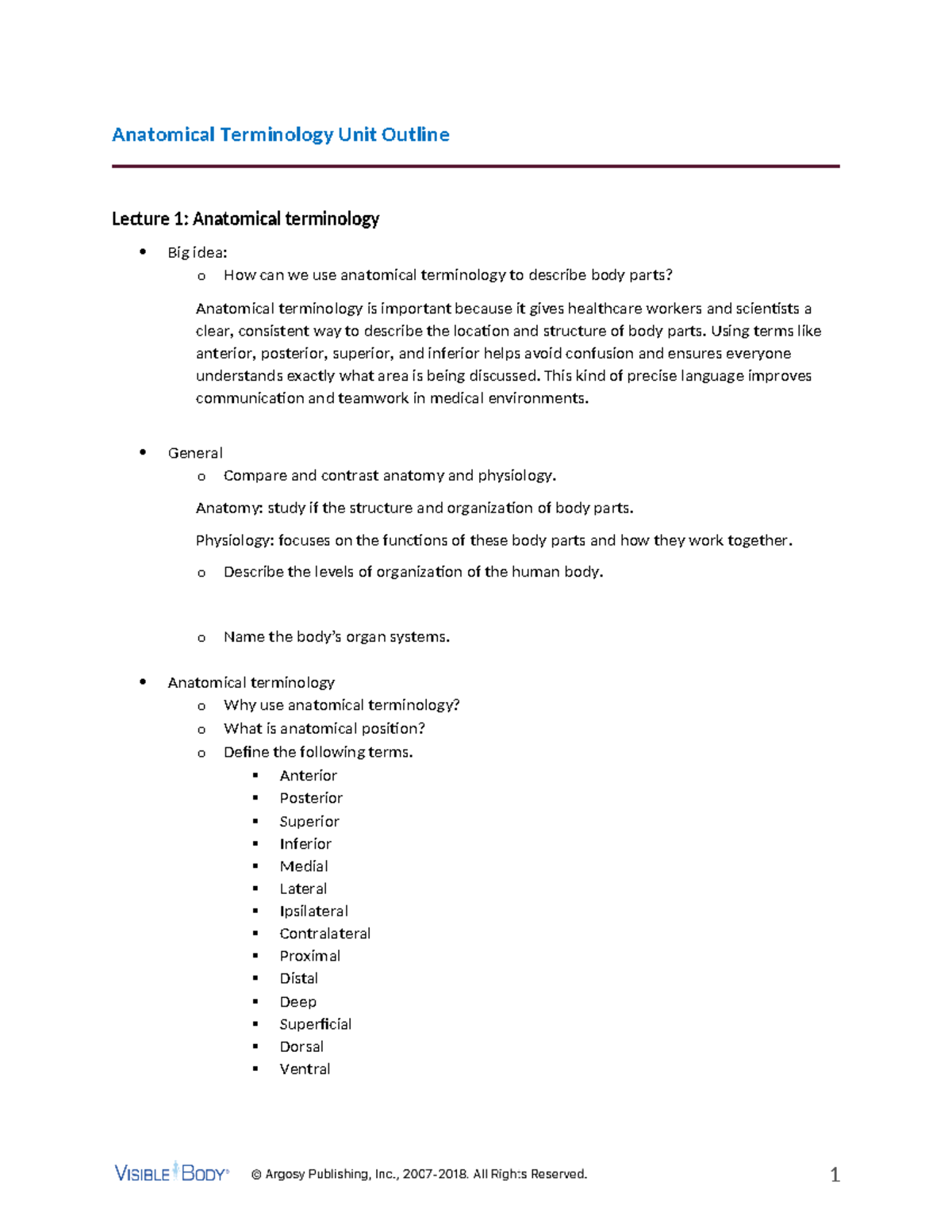 Anatomical Terminology Unit Outline: Lecture 1 & 2 Overview 2025 - Studocu