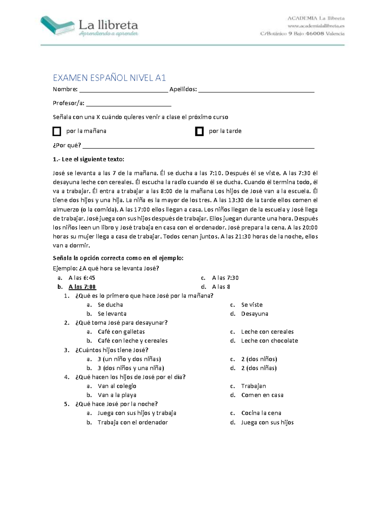 Examen EspañOL Nivel A1 Laura Marz 20 - EXAMEN ESPAÑOL NIVEL A Nombre
