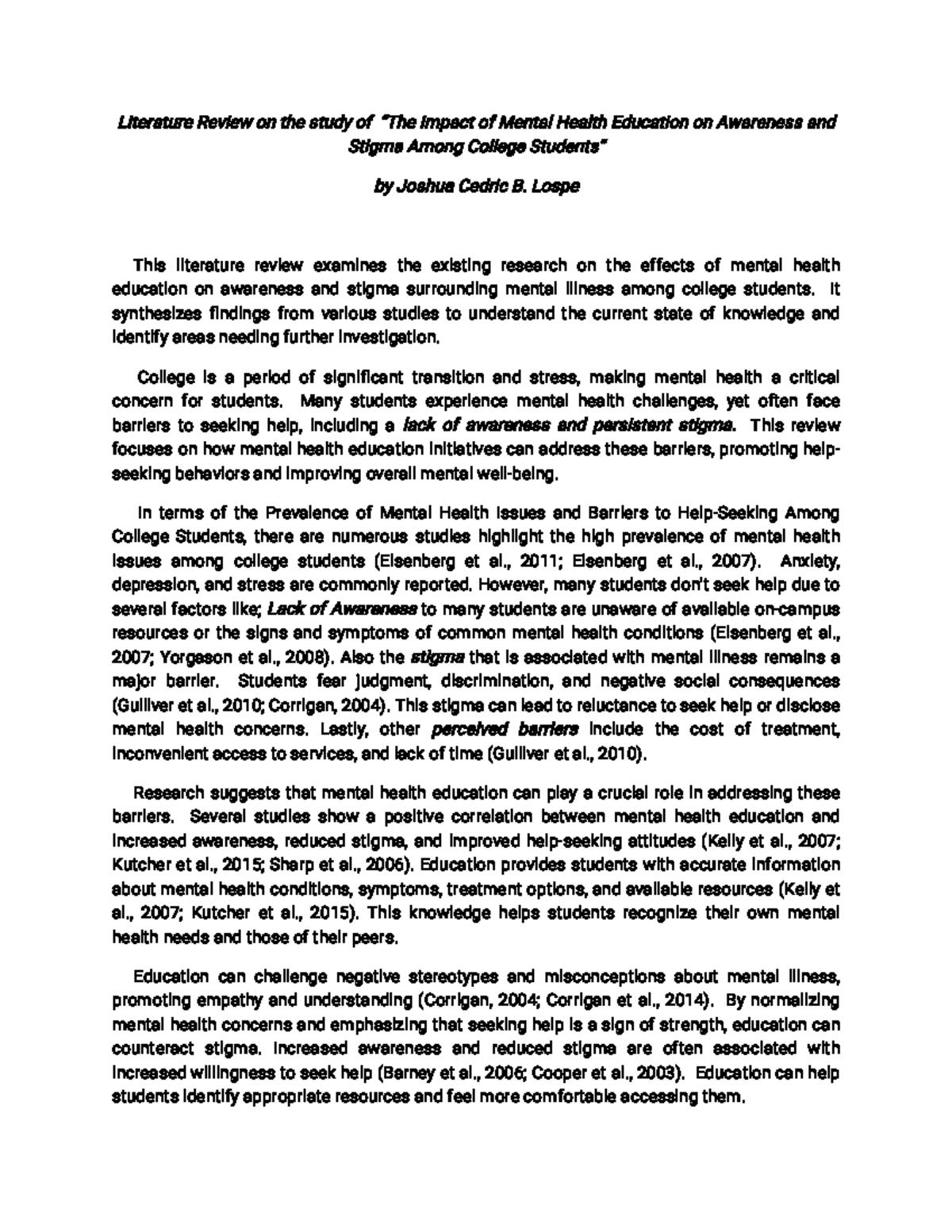 LIT Review: Impact of Mental Health Education on College Awareness ...