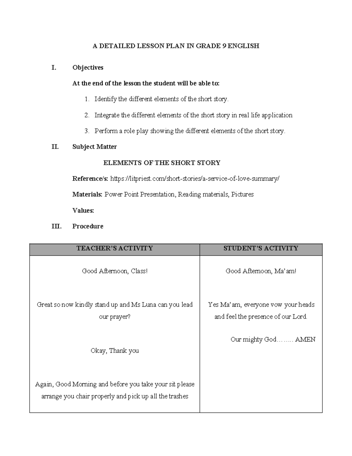 A Detailed Lesson Plan for Grade 9 English: Short Story Elements - Studocu