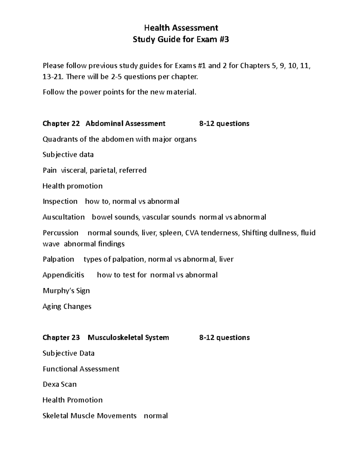 Health Assessment Exam #3 Study Guide: Key Topics & Concepts - Studocu