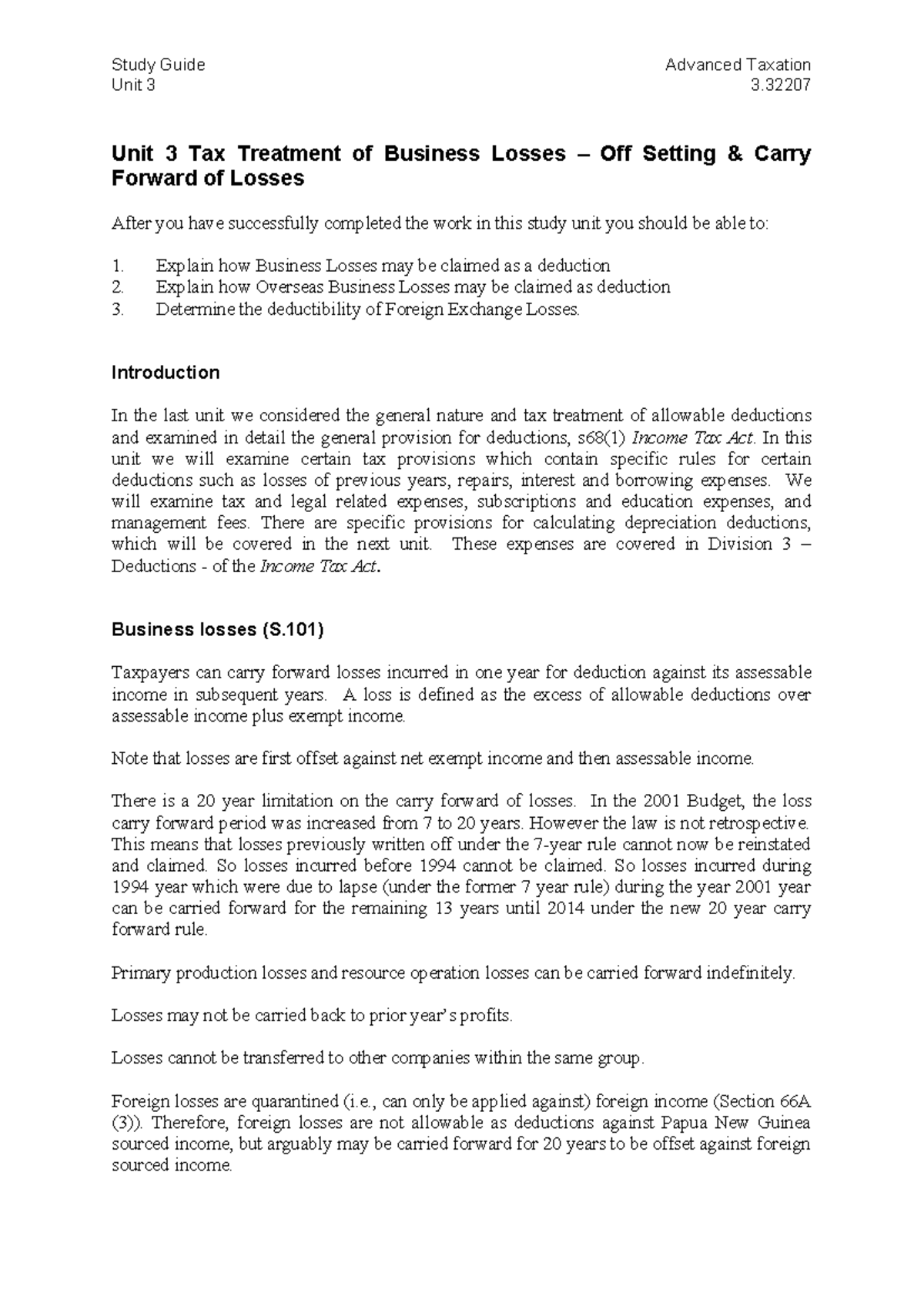 Unit 3 - Tax Treatment of Business Losses: Offsetting & Carry Forward ...