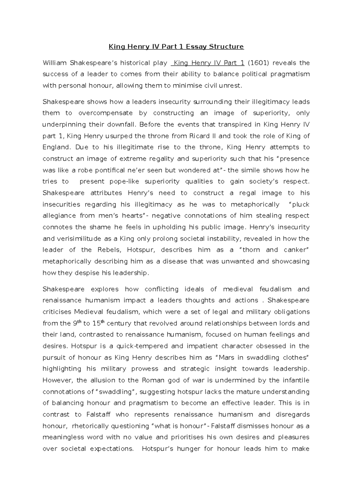 King Henry IV Part 1 Essay: Leadership, Honor, and Insecurity in ...