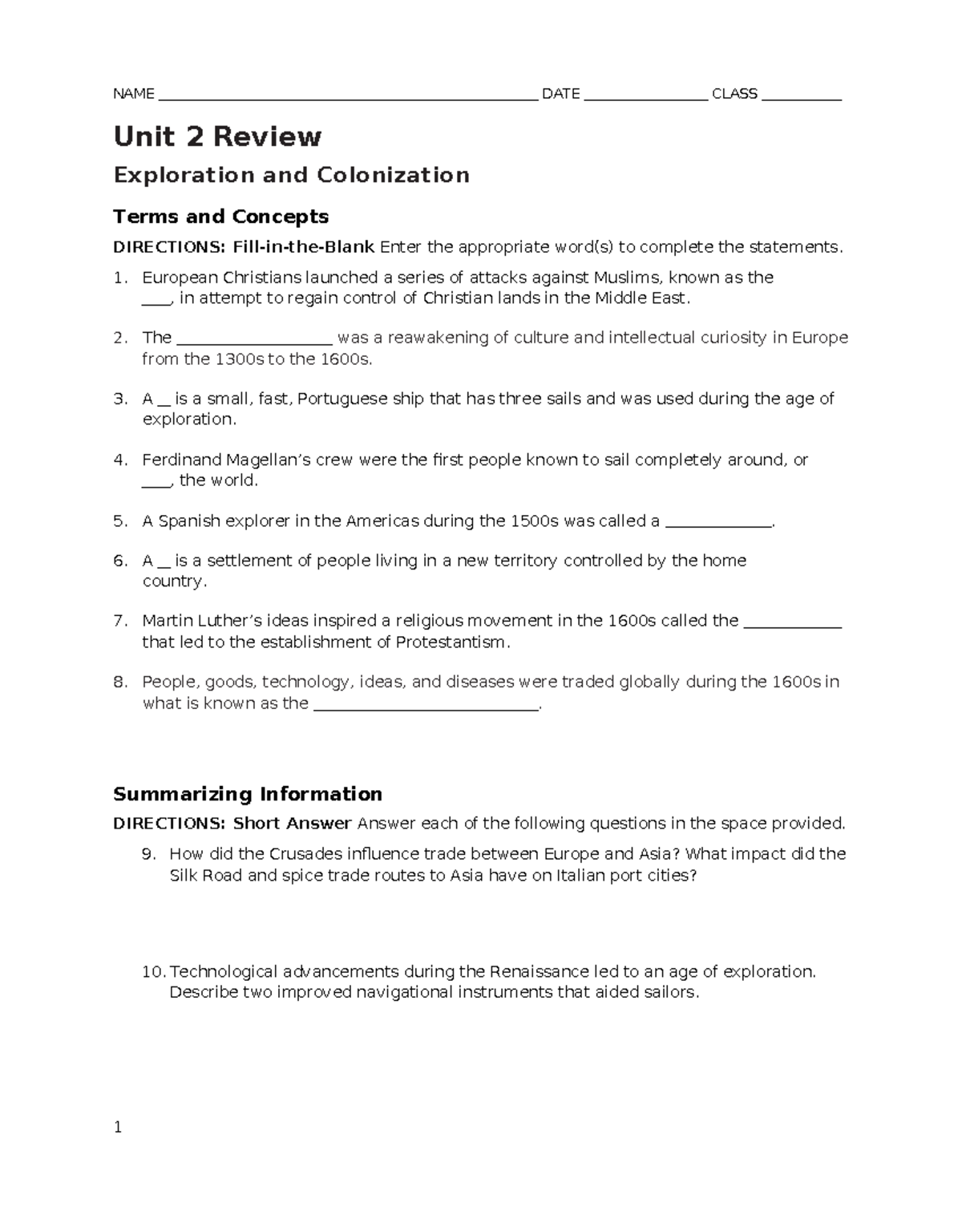 Unit 2 Review: Exploration & Colonization Terms and Concepts - Studocu