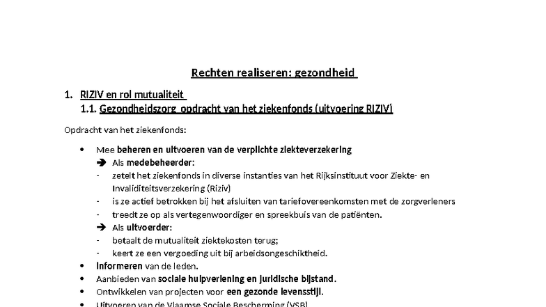 Gezondheid 1: RIZIV en de Rol van Mutualiteiten - Samenvatting - Studocu