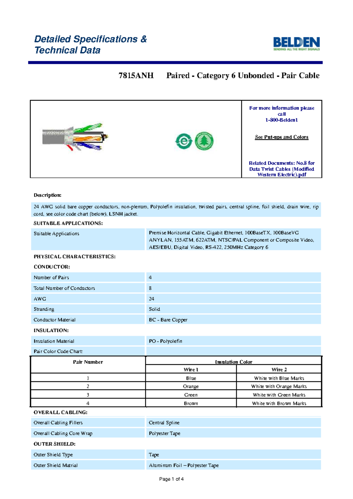 Belden 7815ANH Technical Data: Category 6 Unbonded Pair Cable - Studocu