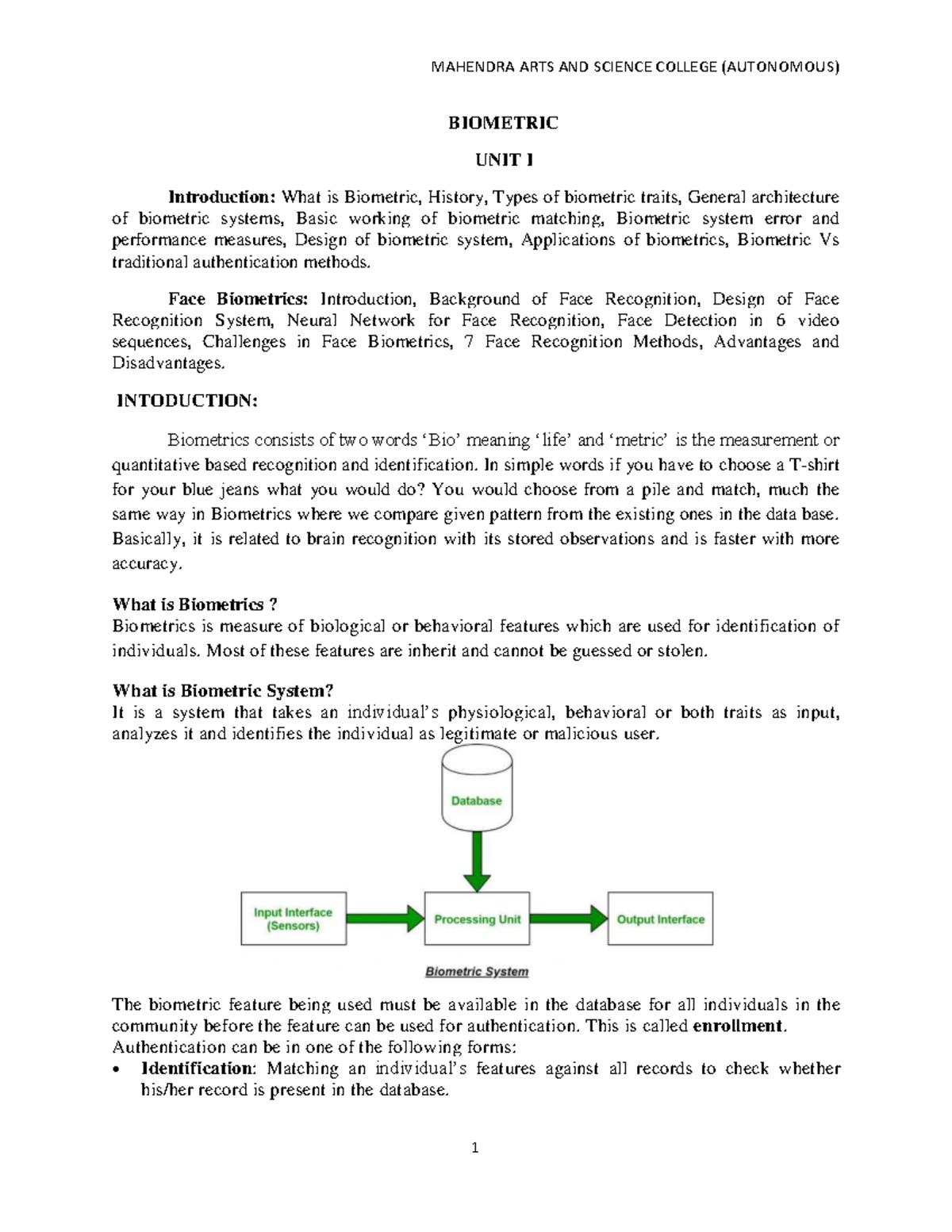 Biometric Systems Overview: Unit I to V - MAHENDRA ARTS AND SCIENCE ...