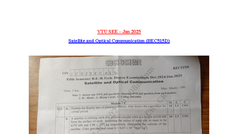 VTU SEE Jan 2025 Satellite and Optical Communication (BEC515D) Module Q ...