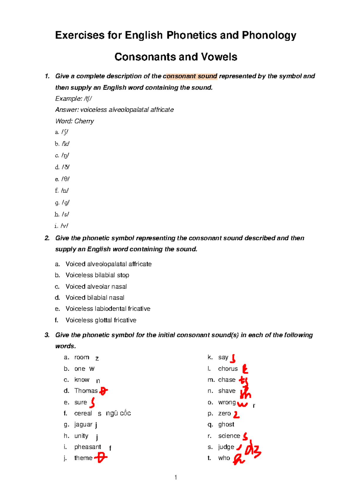 A02 - Consonants & Vowels Exercises for Phonetics & Phonology - Studocu