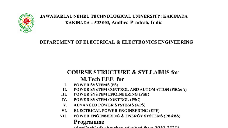 M.Tech Course Structure Syllabus for Power Systems (PS) at JNTUK - Studocu