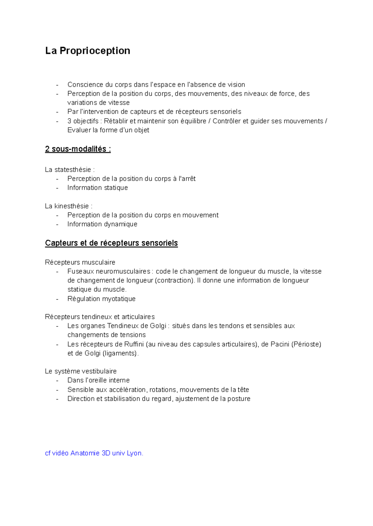 TD4 - La Proprioception : Équilibre, Kinesthésie et Rééducation - Studocu