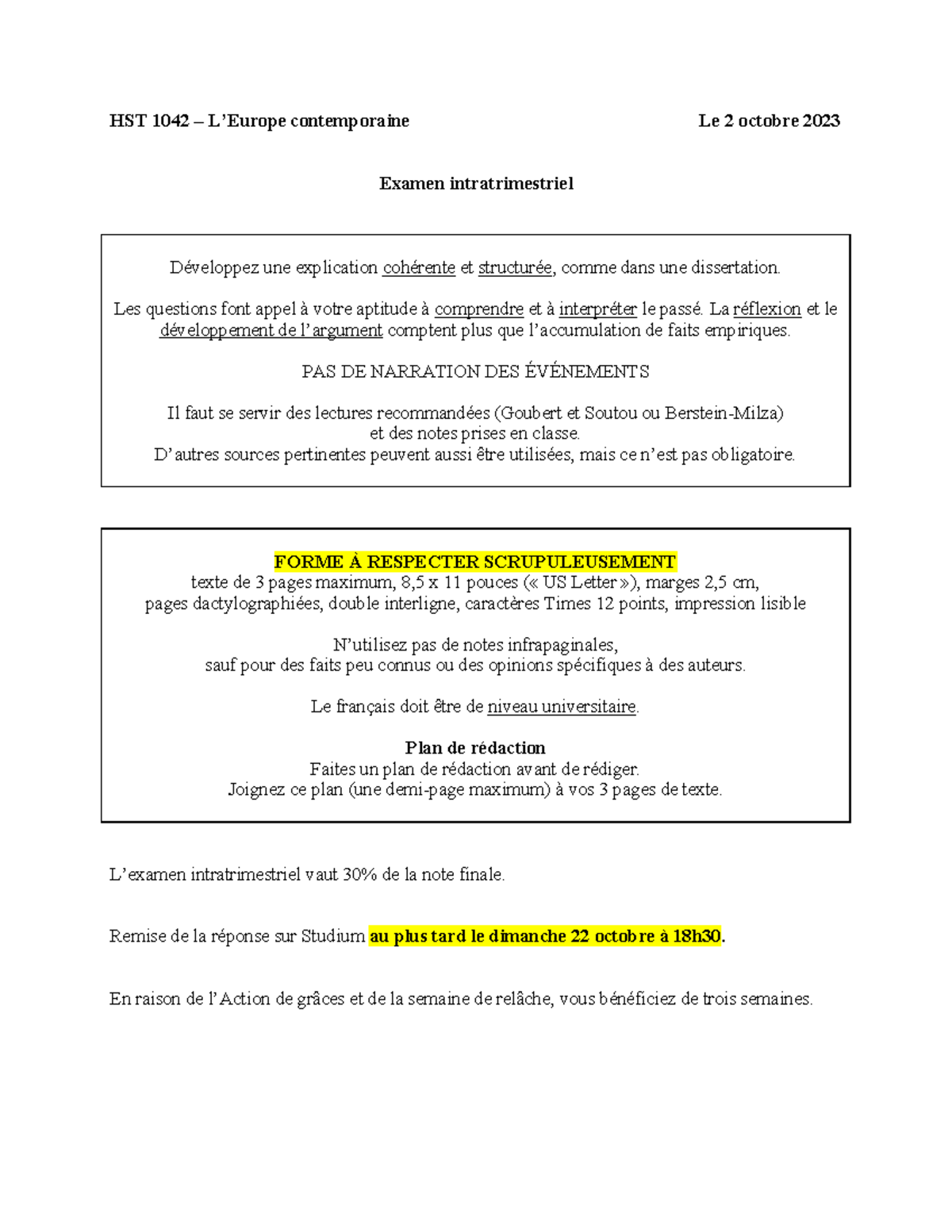 HST 1042 - Examen Intra: Analyse et Réflexion sur l'Europe ...