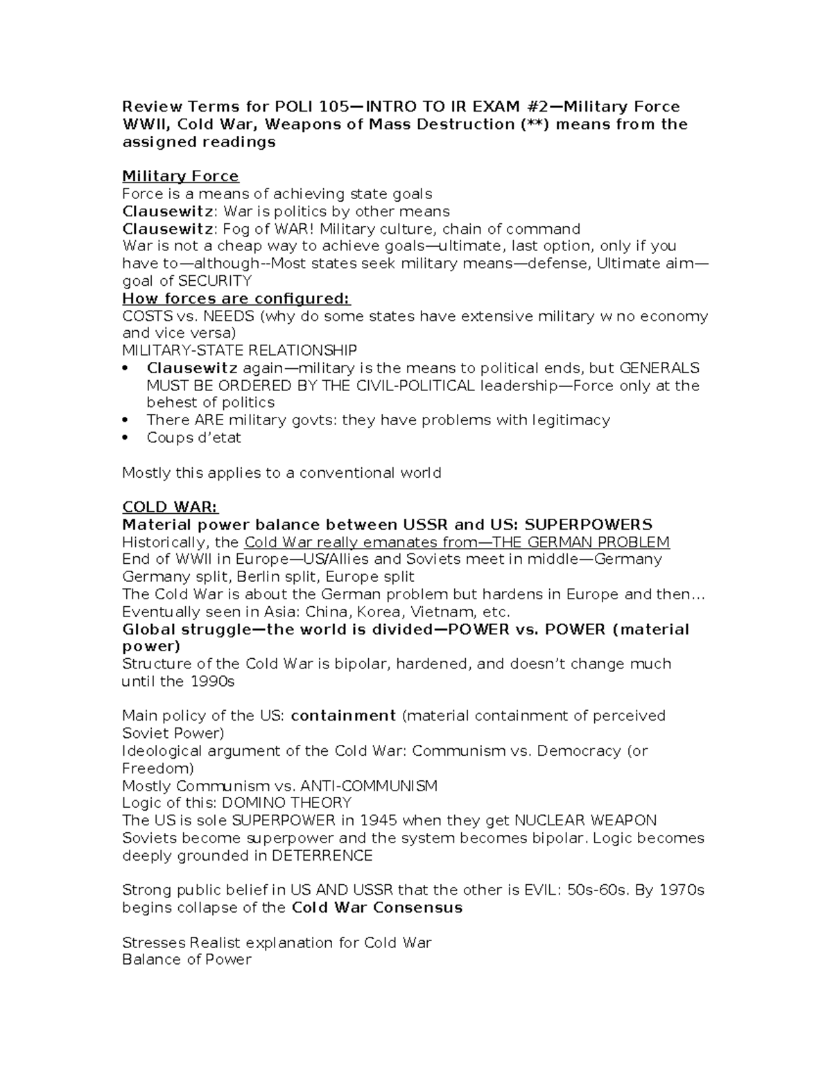 POLI 105—INTRO TO IR EXAM #2—Military Force & Nuclear Weapons Overview ...