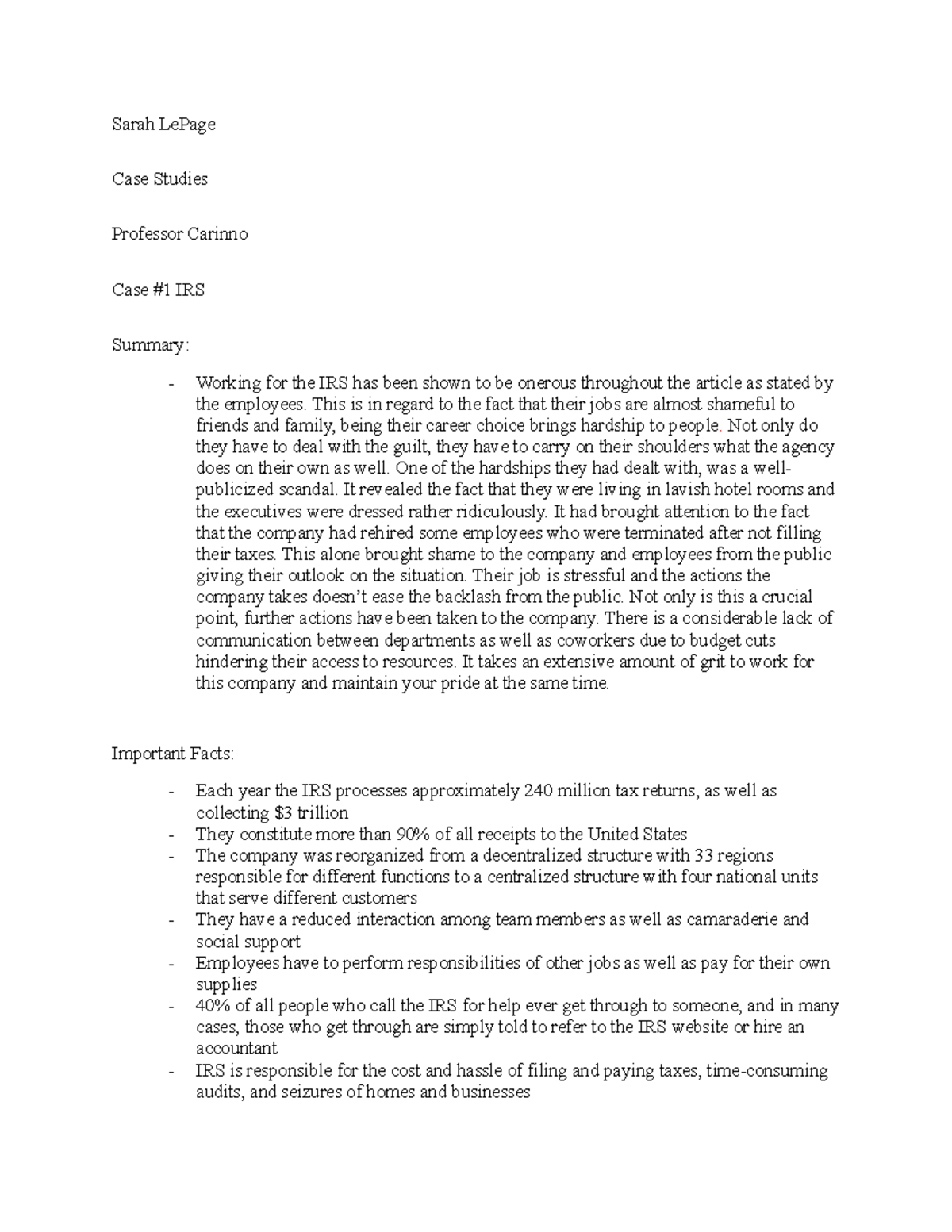 Case Studies - Sarah LePage Case Studies Professor Carinno Case #1 IRS ...